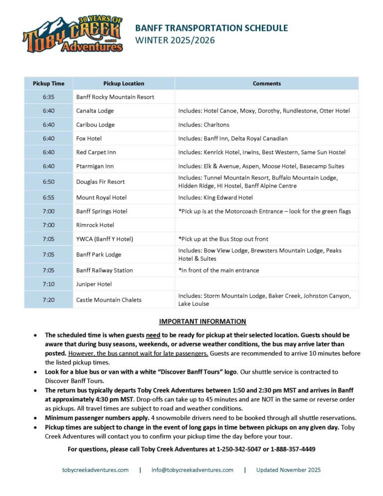 Banff Transportation Schedule - Toby Creek Adventures | Guided ...