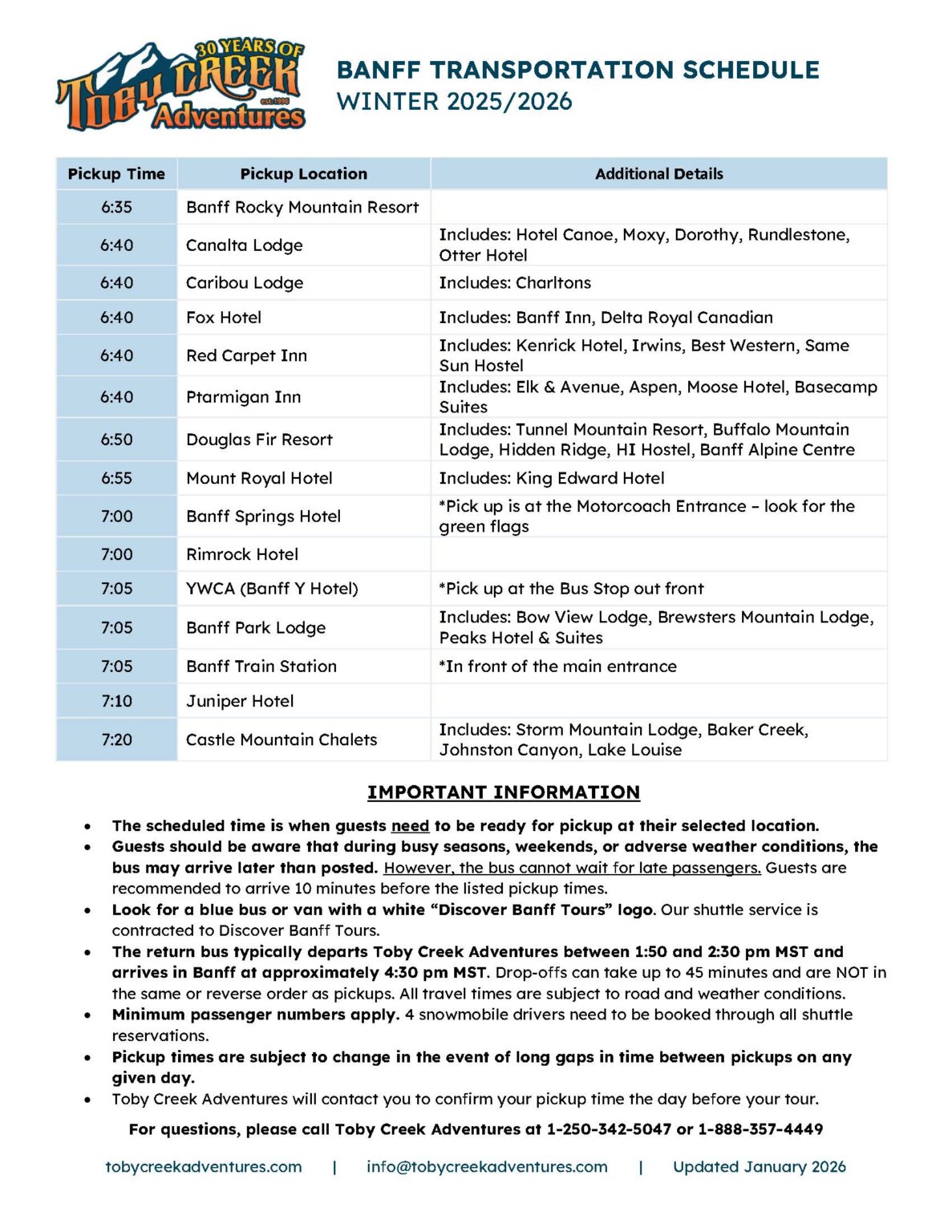 Banff Transportation Schedule - Toby Creek Adventures | Guided ...
